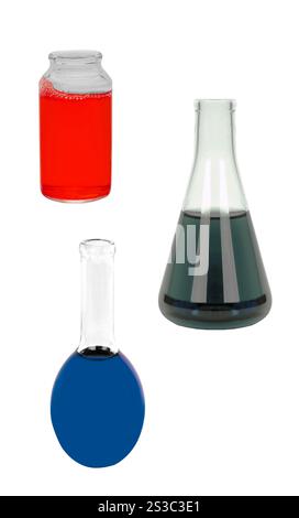 Chemical laboratory flasks with liquid isolated on white background ...