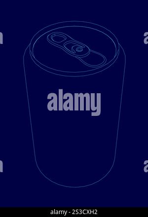 Can of soda is shown in a blue color. The can is empty and has a silver ...