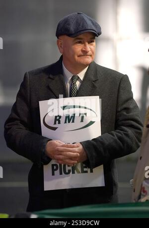 RMT secretary-general Mick Lynch outside a picket line at Euston train ...