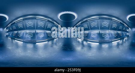 Neon club. Interior of a concrete exhibition hall, panorama. Futuristic ...