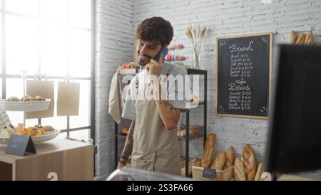 Young hispanic shopkeeper man talking on the smartphone and drinking ...