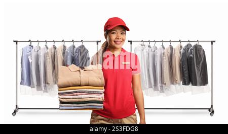 Clothing rack at dry cleaners with suits hanging isolated on white ...