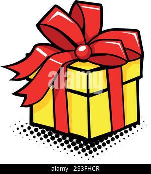 Yellow gift box with red ribbon, illustration, vector on a white ...