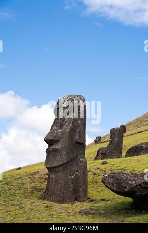 Half buried and fallen Moai (monolithic statues) at Rano Raraku, the ...