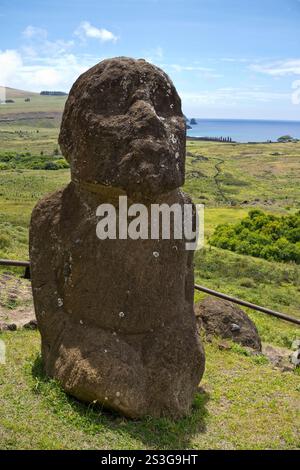 The Tukuturi Moai (an unusual kneeling or squatting Moai) at Rano ...