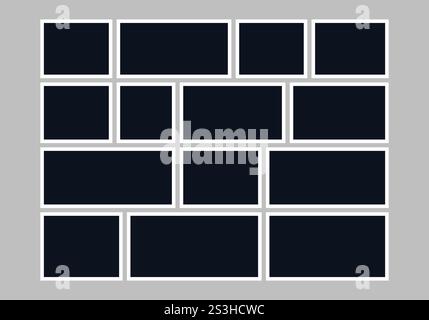 Creative photo collage template with overlapping blank frames on blue ...