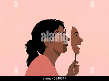 Sad woman hiding behind happy face mask Stock Photo - Alamy
