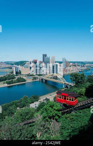 Pittsburgh skyline with golden bridges and Point State Park fountain ...