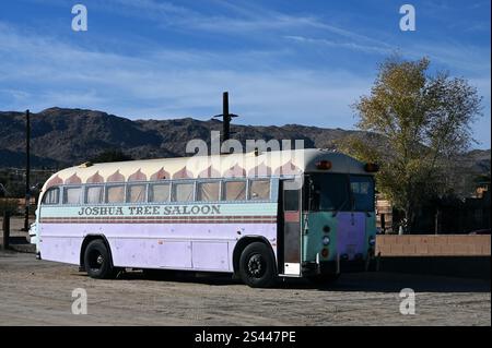 Old hippie bus of the Joshua Tree Saloon, Joshua Tree, California, USA ...