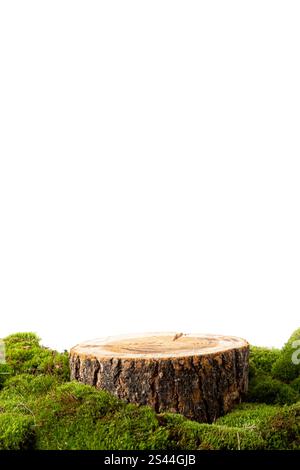 wooden podium product display stands flat lay with leaves top view on ...