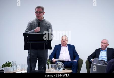 Former footballer Jim Beglin speaking at the Dementia in football event ...