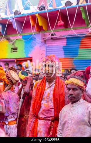 Group of hindu male from nandgaon in traditional clothes and colorful ...