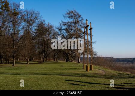 landscape with three crosses standing on the side of a cliff Stock ...