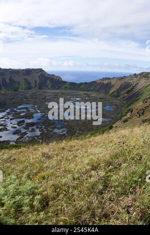 Water sits in the bottom of the crater at Rano Kau, the extinct volcano ...