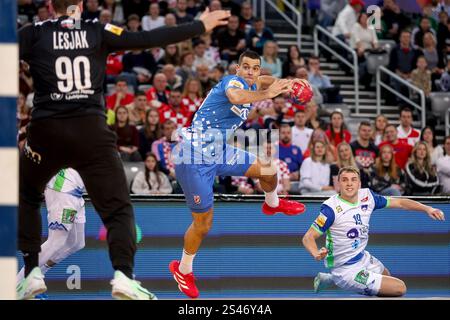 Mateo Maras of Croatia shoots on a goal during the 2025 IHF Men's Handball World Championship ...
