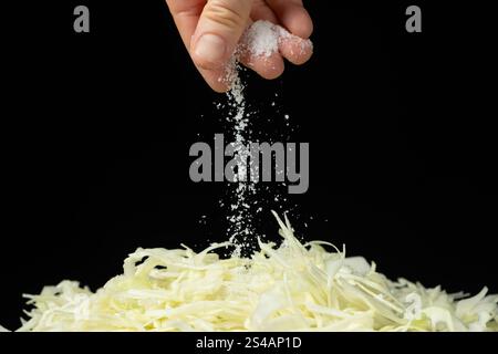 Sprinkling salt on chopped white cabbage, black background Stock Photo ...