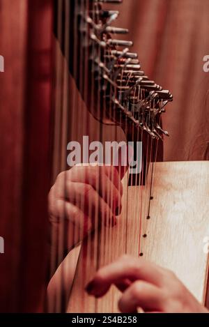 Woman plays the strings of a harp, a harper guitarist performs at a ...