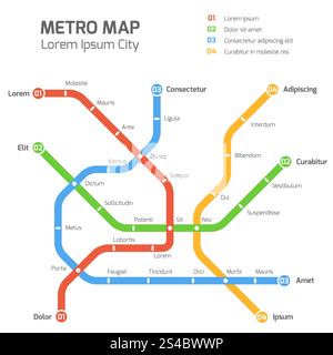 Metro map template. Subway scheme with 3 colored way lines with ...