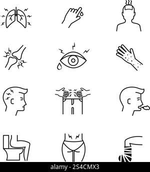 Human illness and diseases symptoms thin line vector icons set. Disease ...