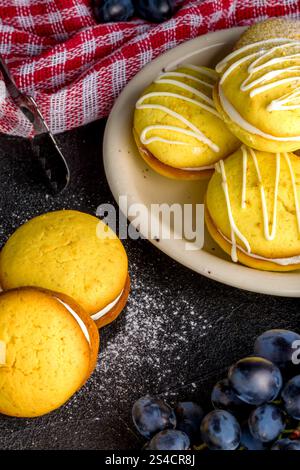 Homemade round lemon cookies. French sweet yellow cookies macarons ...
