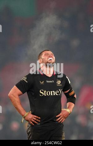 Saracens' Tom Willis reacts after the game following the Investec ...
