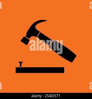 Icon of hammer beat to nail. Orange background with black. Vector ...