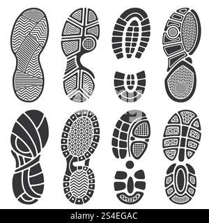 Footstep black silhouette, bootprint isolated on white background. Grunge track, symbol cartoon ...