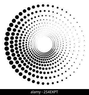 Black round halftone texture. Dotted radial swirl or tornado shape ...