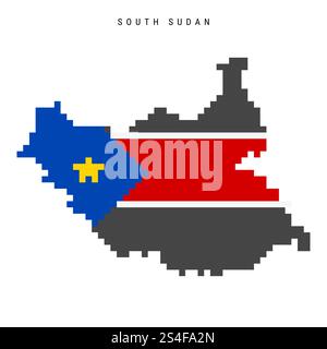 Sudan pixel flag map icon. 8 bit pixel art Sudanese map covered with ...