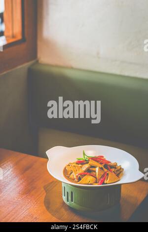 Dry Pot Beancurd made from Chiba tofu, pork, celtuce, leek served in a ...
