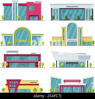 Store buildings set with mall and local shop symbols cartoon isolated ...
