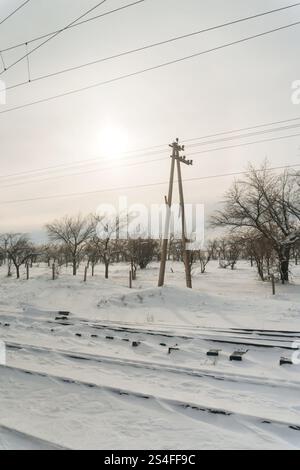 Kazakh steppe in the snow. railway after a blizzard in Kazakhstan Stock ...
