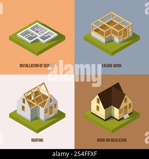 Roofing. Isometric building stages construction material flexible tiles ...
