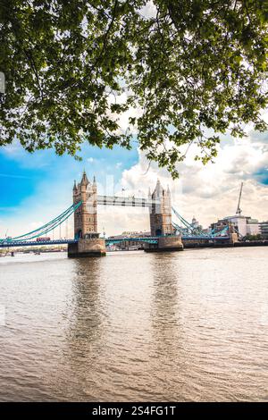 A majestic view of Tower Bridge spanning the River Thames in London ...