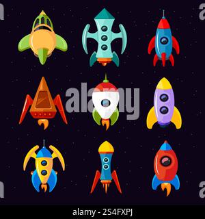 Cartoon spaceships isolated on white background. Rocket and futuristic ...