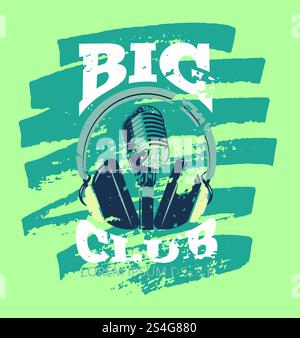Black and white shabby retro rock music club, instruments shop, sound ...