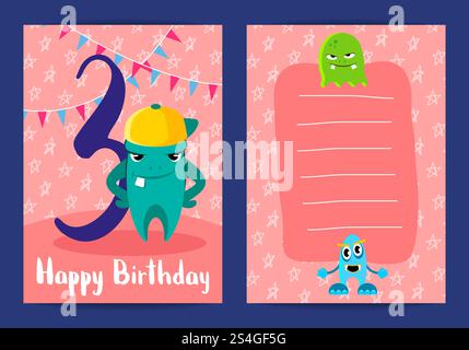 Monsters birthday banner. Happy kids party, cartoon monster ...