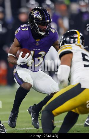 Baltimore Ravens running back Justice Hill (43) looks on during pre ...