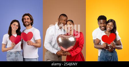 Collage with happy couples on color background. Valentine's Day ...