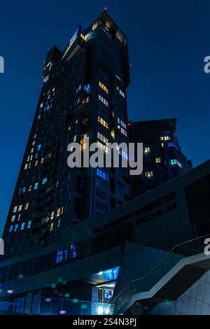 Port quay in Gdynia at night, illuminated ships, city at night ...