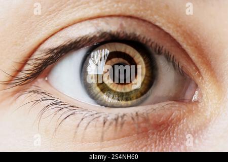 Hypnosis. Spiral symbolizing hypnotic effect in woman's eye, closeup ...