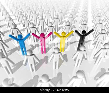 3D cmyk colored icon people between white people. 3D cmyk icon people ...