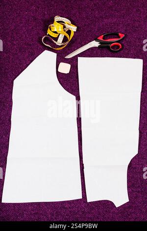 Sewing background. Tailor tools dress patterns in workshop Stock Photo ...