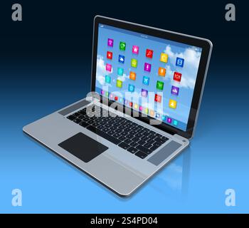 3D Laptop Computer - apps icons interface - isolated on white with ...