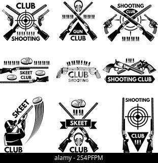 Retro weapons, shooting vector labels, emblems, badges, logos. Retro ...
