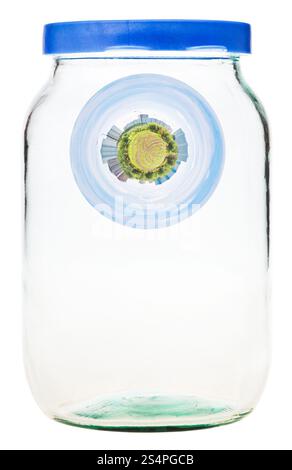 blue sphere little planet inside green grass round frame background ...