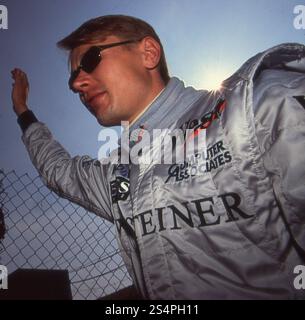 Finnish F1 racing driver Mika Hakkinen on McLaren Mercedes celebrating ...