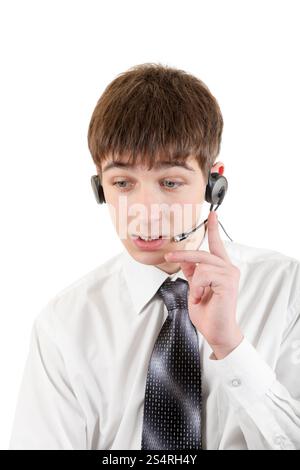 Serious Young Man in Headset is speaking. Isolated on the White ...