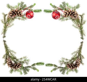 Christmas decoration, fir and spruce twigs, pine cones and baubles, on ...