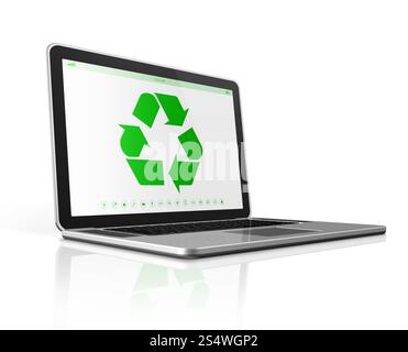 3D Laptop with a recycle symbol on screen. environmental conservation ...